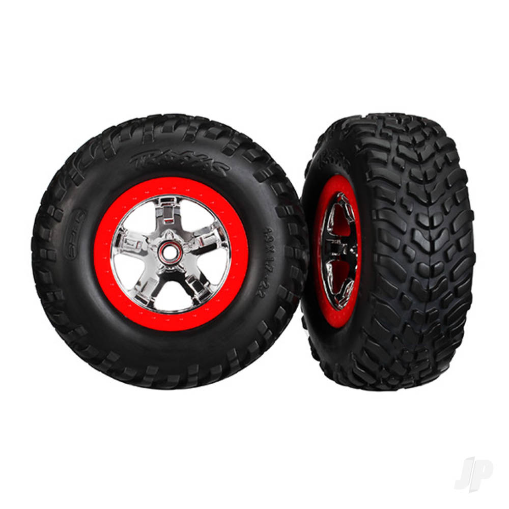Traxxas Wheels & Tyres, assembled, glued (SCT chrome wheels, red ...